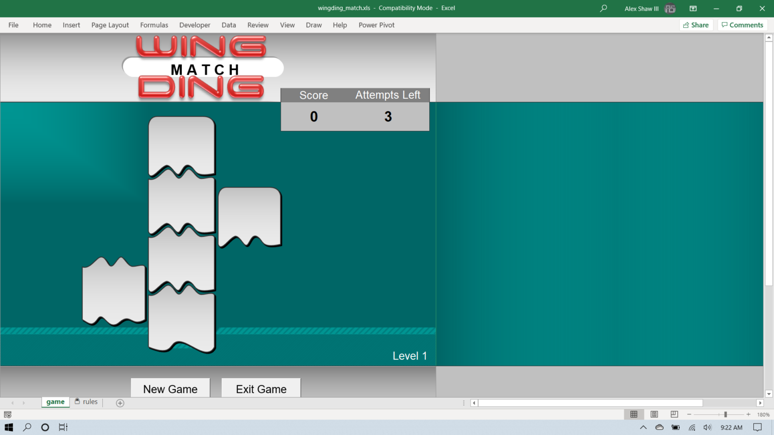 Wingding Match game for Microsoft Excel - Excel Effects