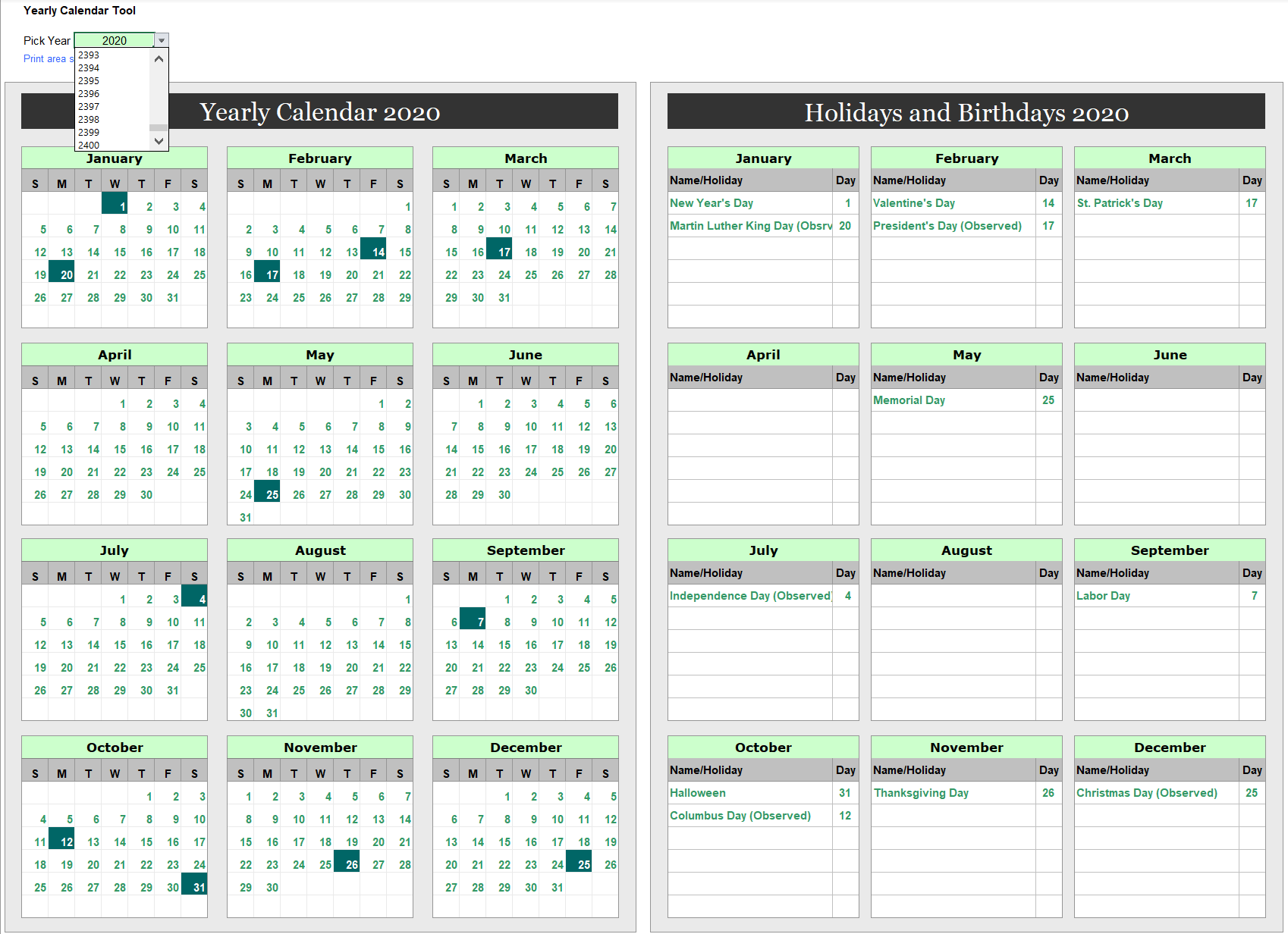 Dynamic Yearly Calendar Vintage App For Excel Excel Effects